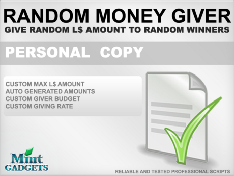 Second Life Marketplace - Mint Scripts - Random Money/Linden Dollars Giver Script /Personal